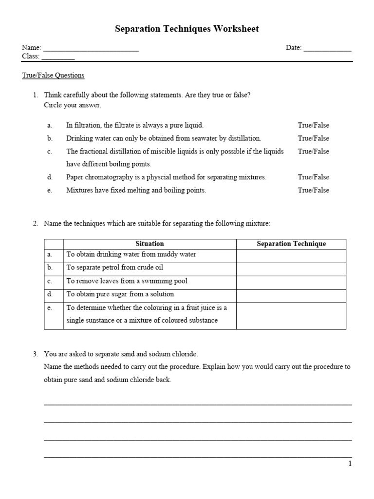 Separation Techniques Worksheet | PDF | Distillation | Water