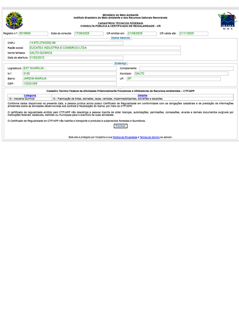 Certificado de Regularidade CTF/APP 2025 | PDF