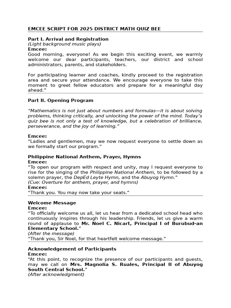 Emcee Script For 2025 District Math Quiz Bee | PDF | Learning