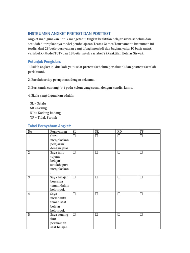 Instrumen Angket Pretest Posttest | PDF