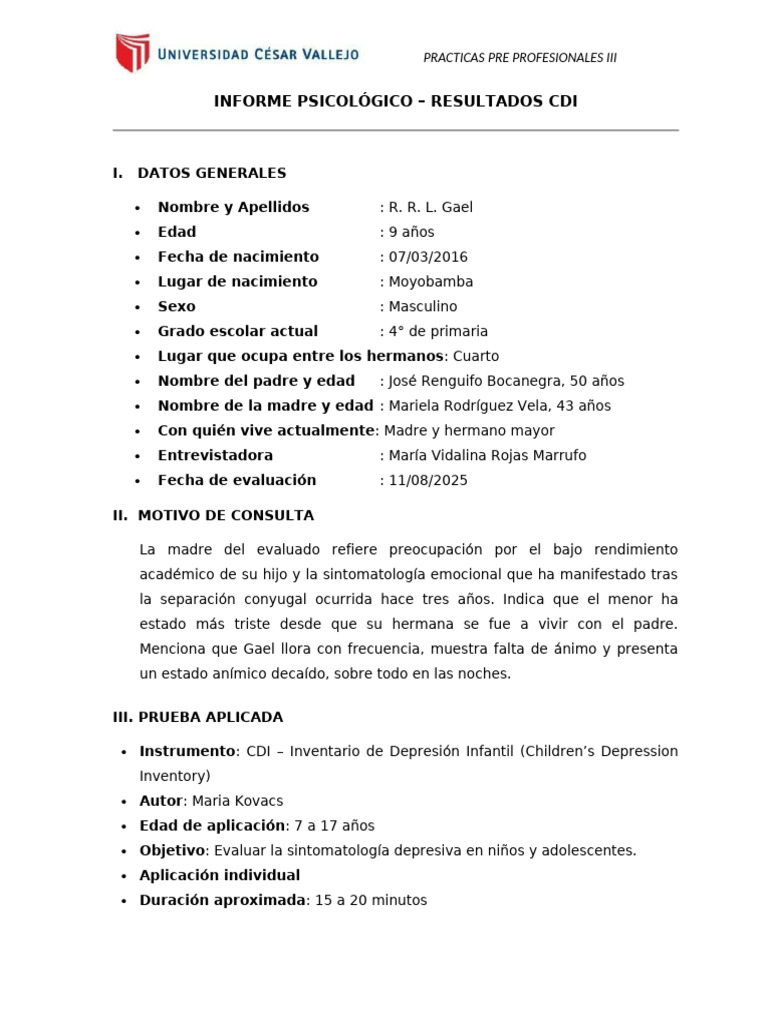 Informe Psicológico Cdi | PDF | Depresión (estado de ánimo) | Las emociones
