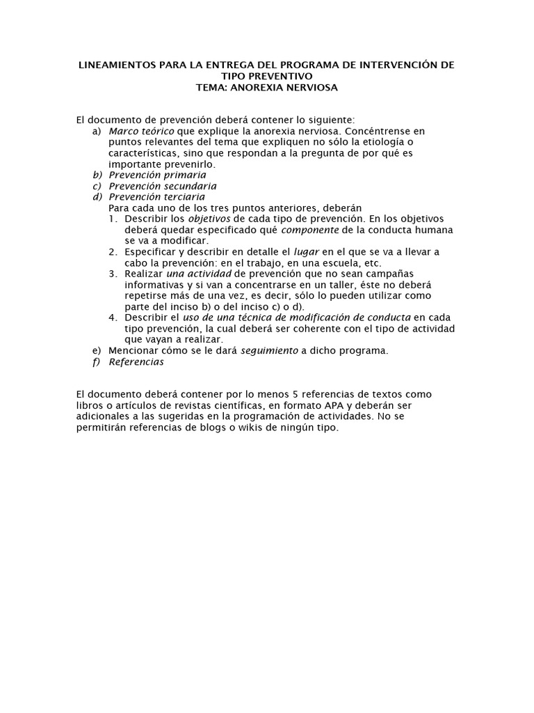 Lineamientos Programa Prevención Anorexia | PDF