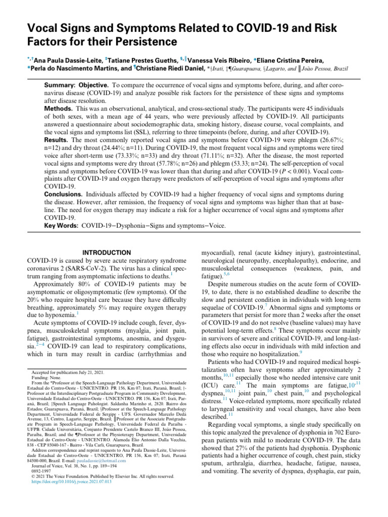 Vocal Signs and Symptoms Related To COVID 19 and Risk Facto 2024 ...