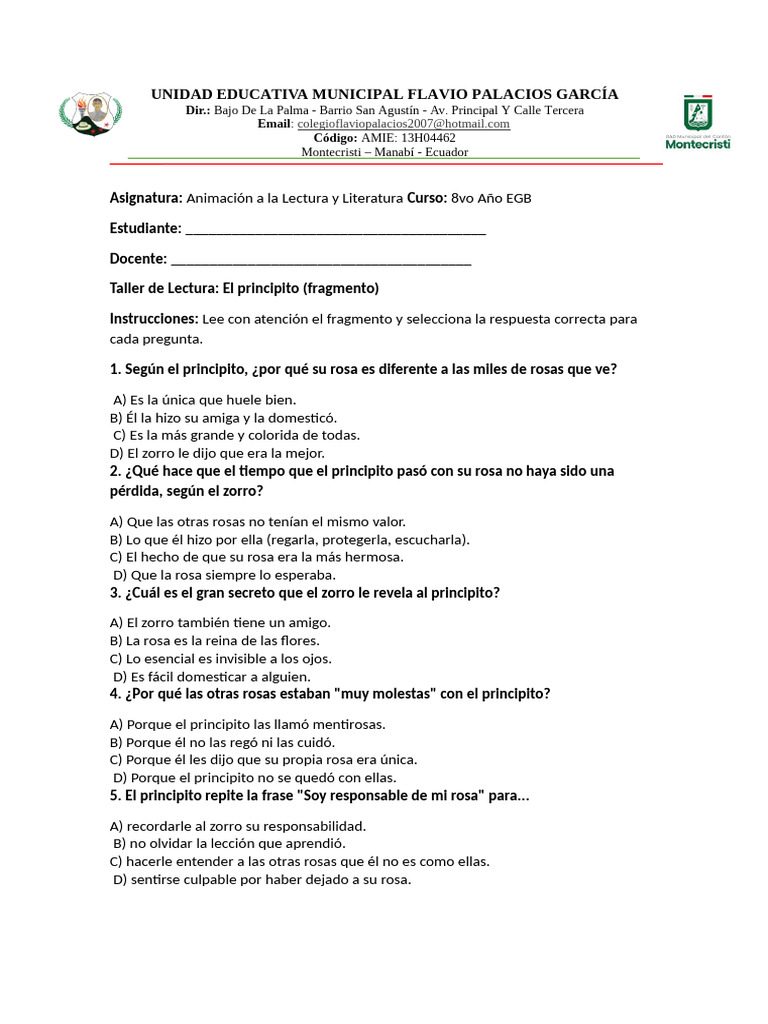 Taller #1 Octavo El Principito | PDF | El Principito