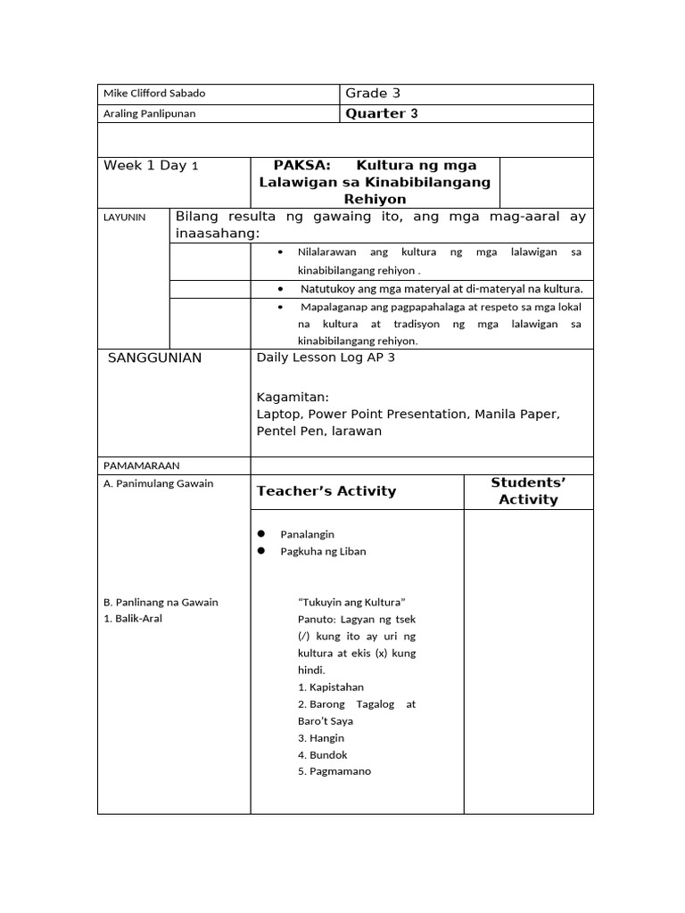 Araling Panlipunan DLP Grade 3 | PDF
