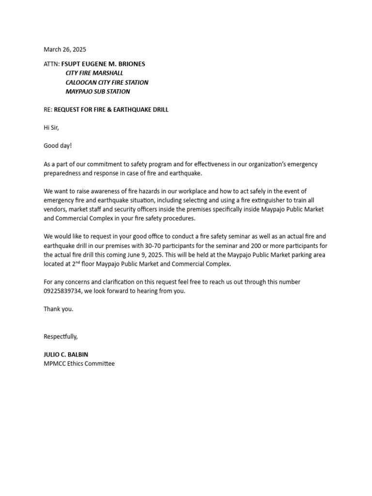 Fire and Earthquake Drill 2025 Request Letter | PDF