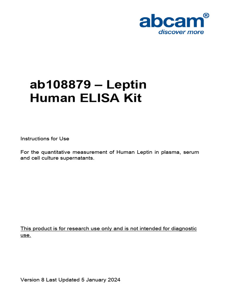 Human Leptin ELISA Kit Protocol Book v8 Ab108879 (Website) | PDF | Elisa