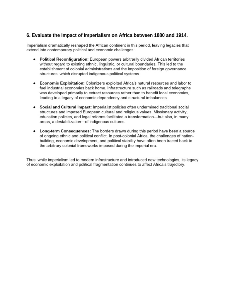 Evaluate The Impact of Imperialism On Africa Between 1880 and 1914 | PDF