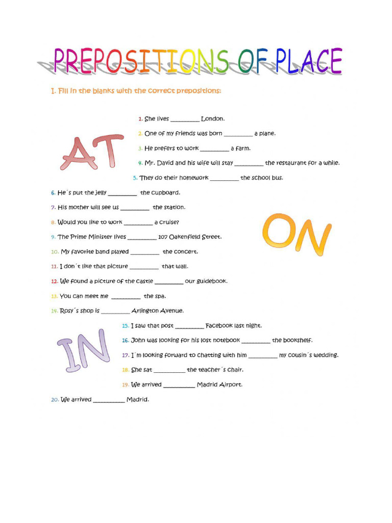 In On at Prep of Place Exercises | PDF