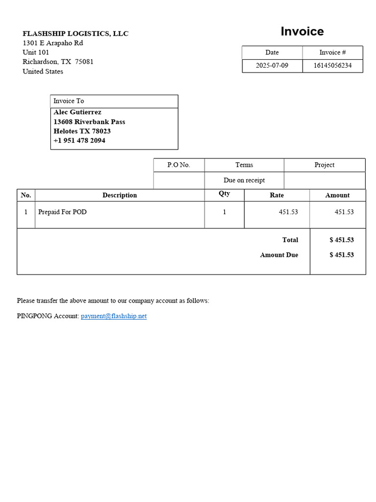 Invoice #16145056234 from Flashship Logistics | PDF