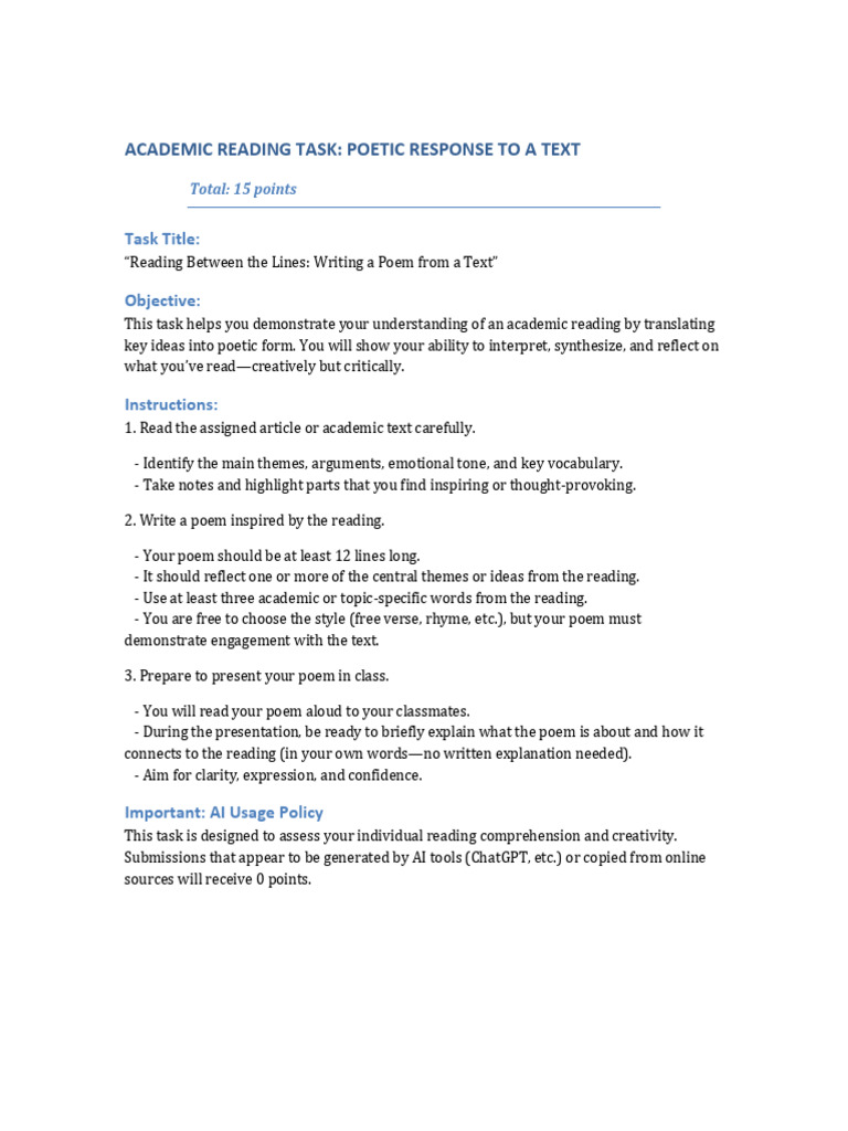Academic Reading Poem Task | PDF