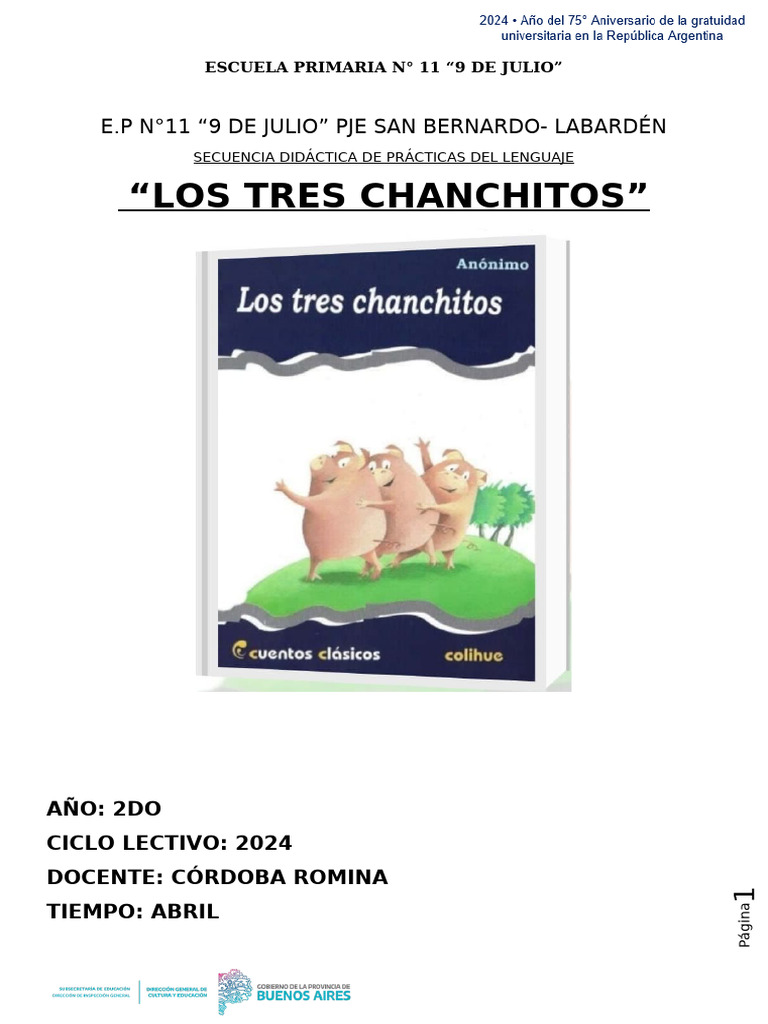 Secuencia Didáctica: Los Tres Chanchitos | PDF | Escritura | Cuentos