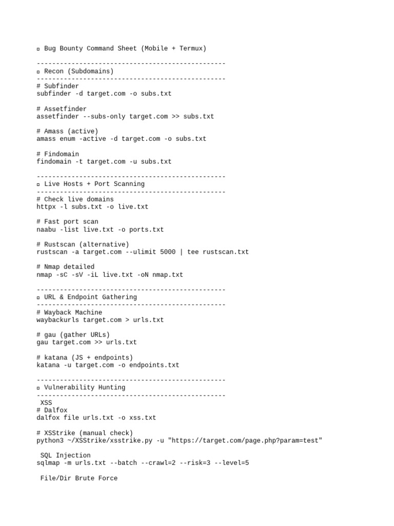 Bug Bounty Command Sheet | PDF