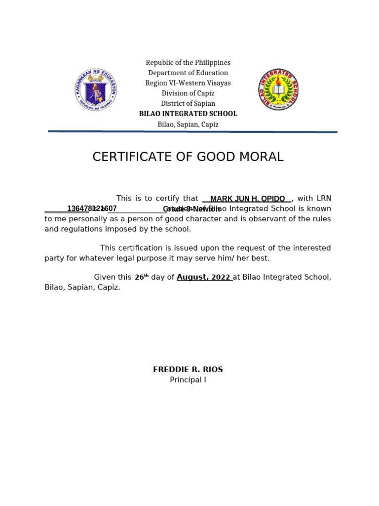 Cert of Good Moral | PDF