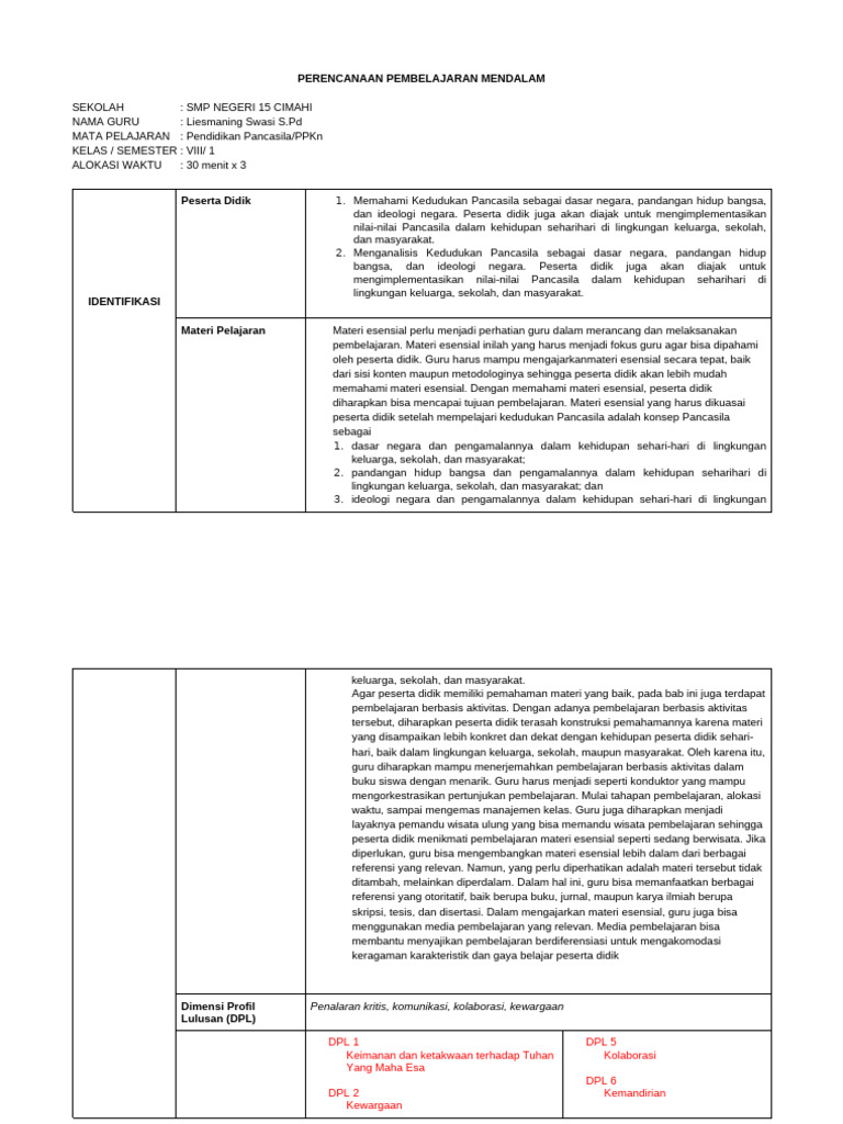 Template - RPP Pembelajaran Mendalam | PDF