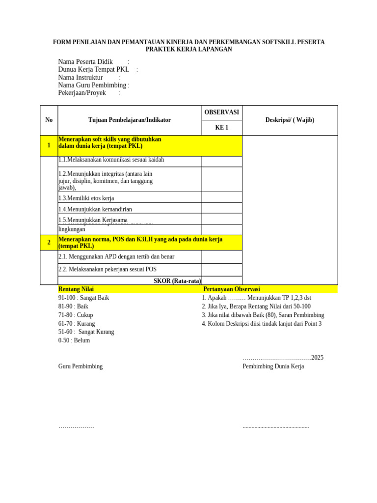 Penilaian Softskill dan Hardskill PKL | PDF
