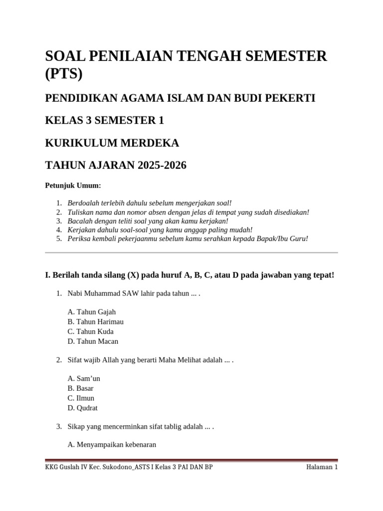 Soal Asts - Pai Dan BP - Kelas 3 Semester I Tahun Ajaran 2025-2026 Done | PDF