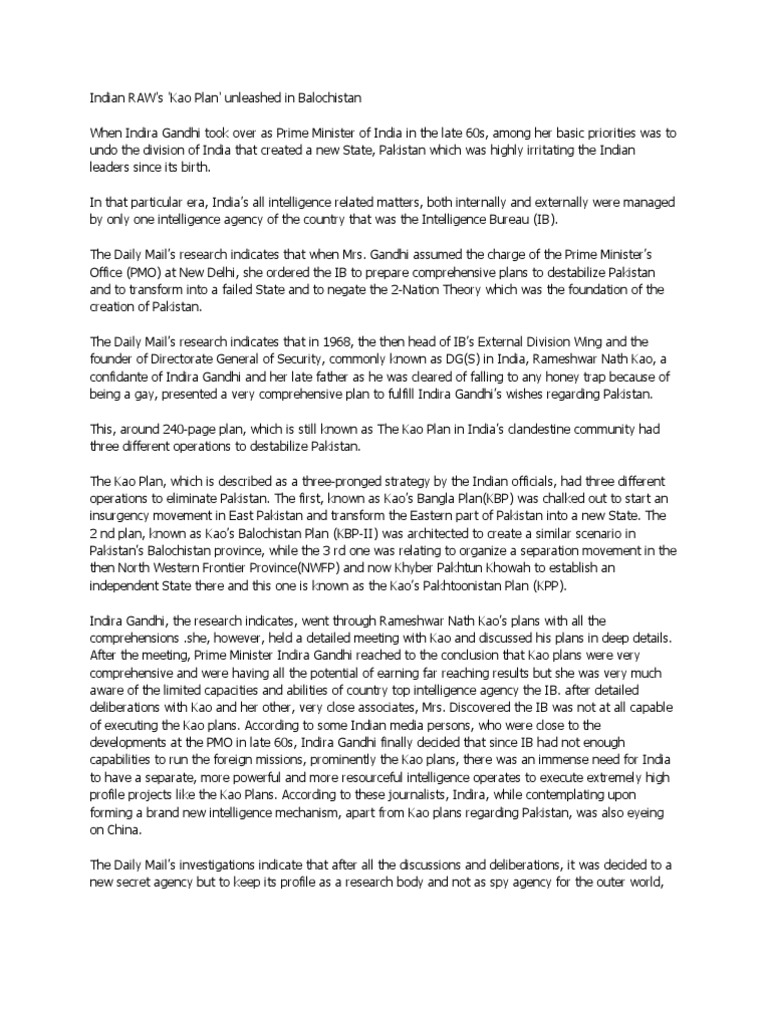 Indian RAW Kao Plan in Balochistan | PDF | Pakistan | Inter Services ...