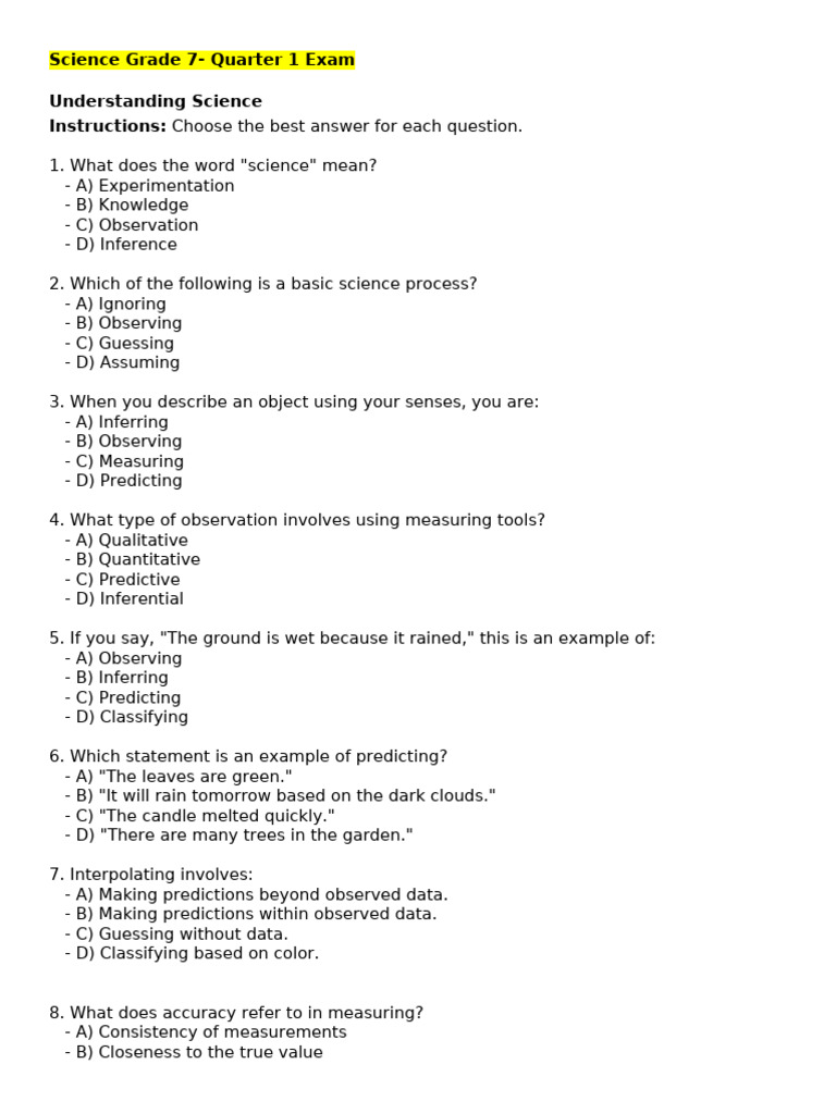 Grade 7 Science Exam: Quarter 1 | PDF | Matter | Solubility