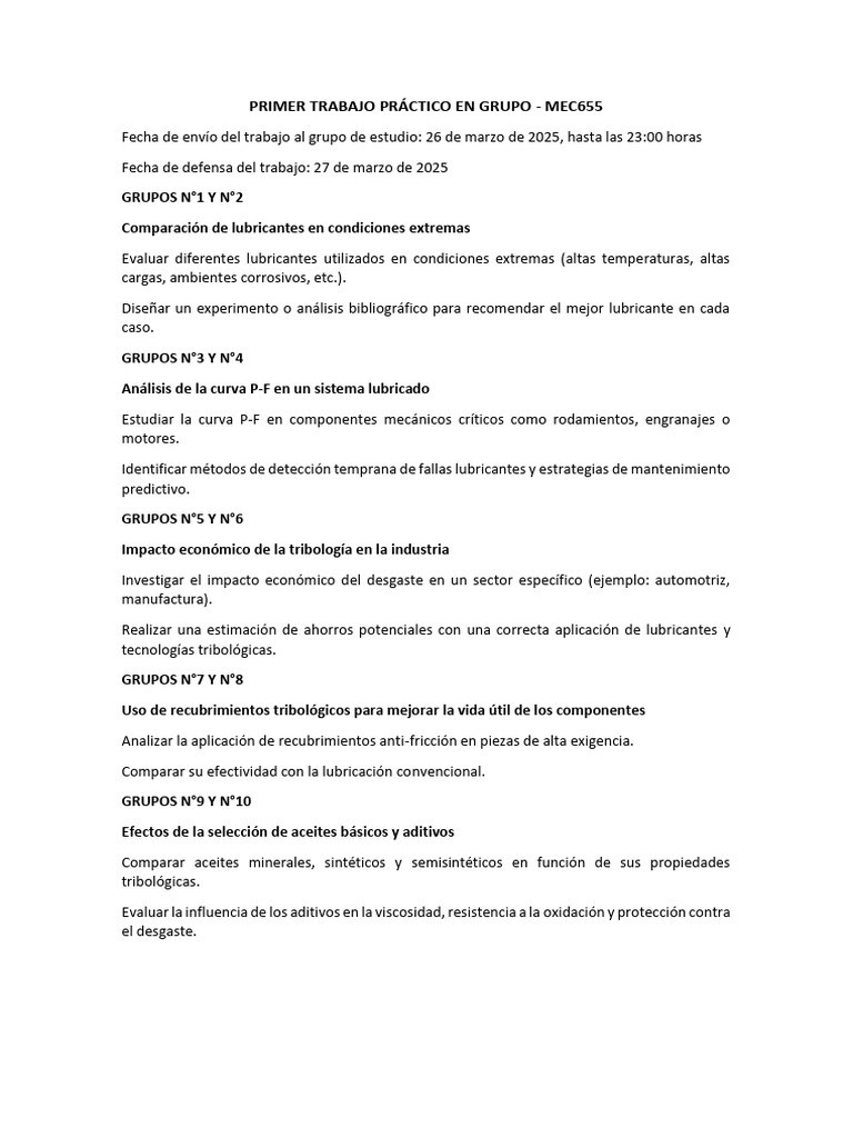 1er Trabajo Práctico Mec655-2025 | PDF | Lubricante | Rodamiento (Mecánico)