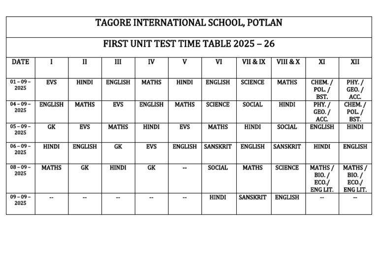 September Month Unit Test Revised Time Table | PDF