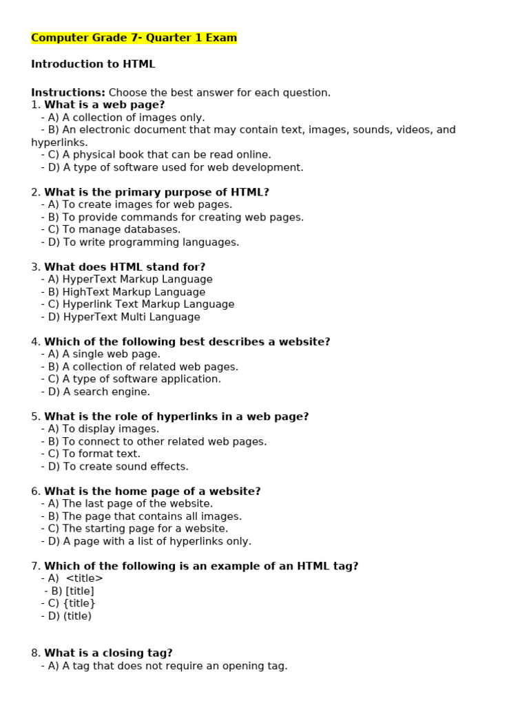 Grade 7 HTML & Internet Exam Guide | PDF | Html Element | World Wide Web