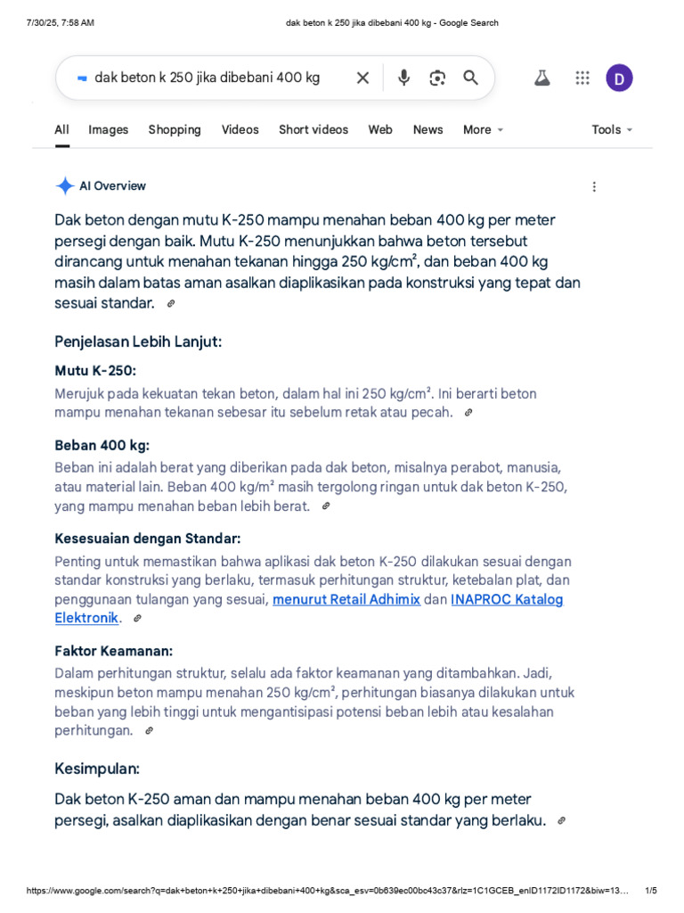 Dak Beton K-250: Beban Aman 400 kg | PDF