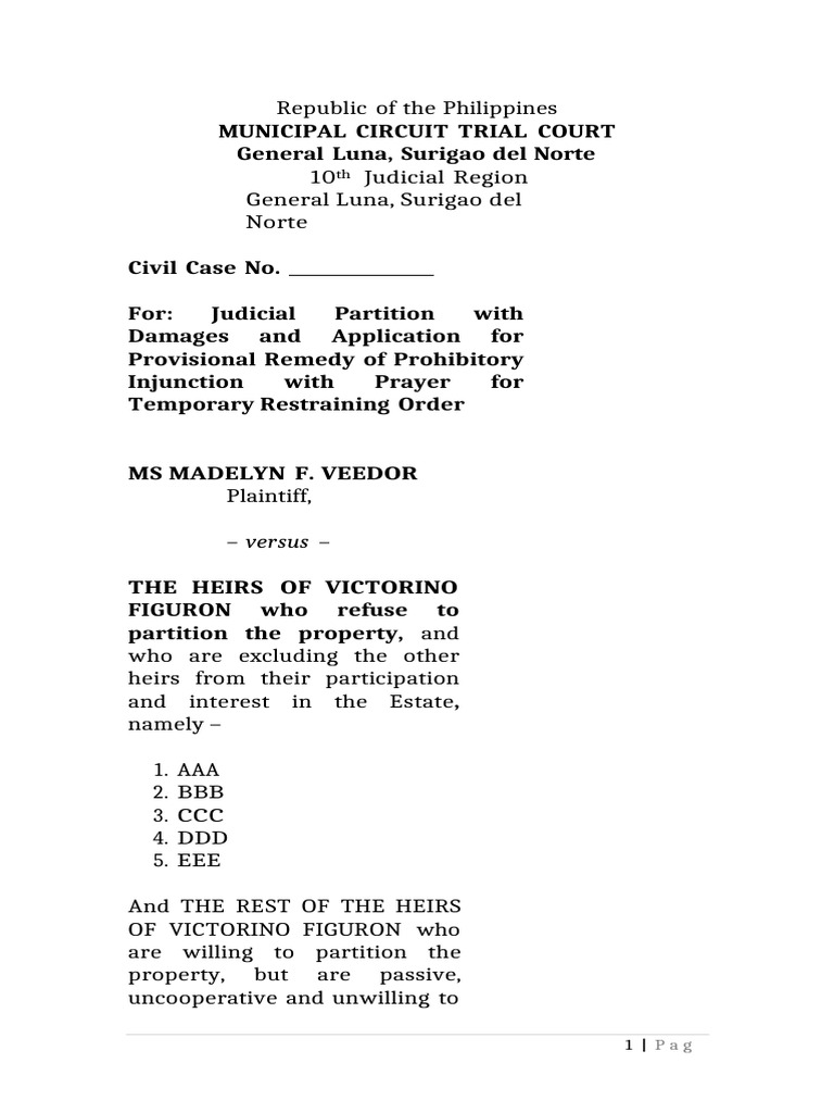 Panyong Victoreno Complaint Final | PDF | Concurrent Estate | Injunction
