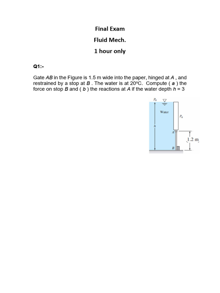 Fluid Mechanics Final Exam Questions | PDF