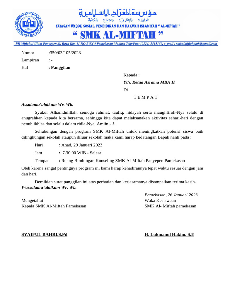 Panggilan Program SMK Al-Miftah 2023 | PDF