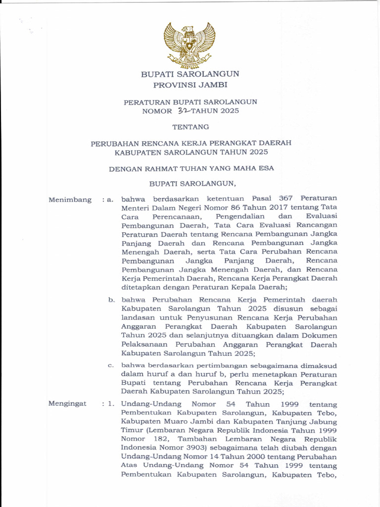 Perbup Nomor 32 Tahun 2025 Tentang Perubahan RKPD 2025 | PDF