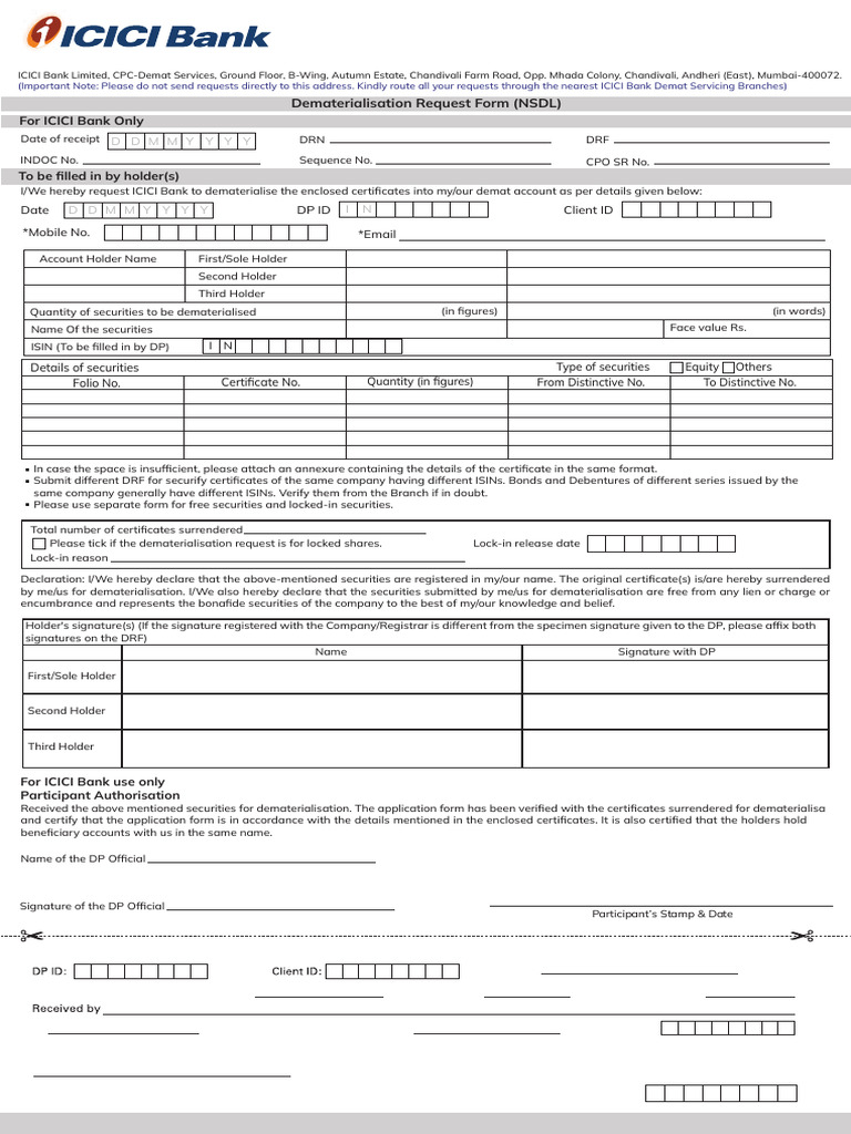 Dematerialisation Form NSDL | PDF | Securities (Finance)