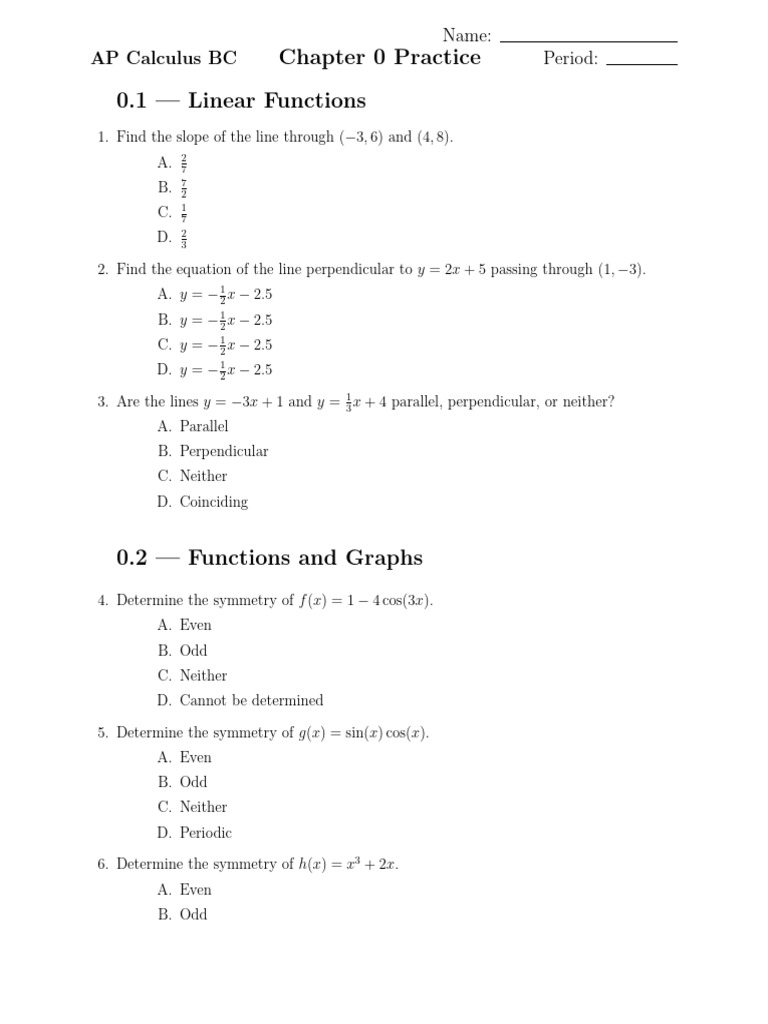 Mini Practice Test Calc BC Chapter 0-1 | PDF | Trigonometric Functions ...