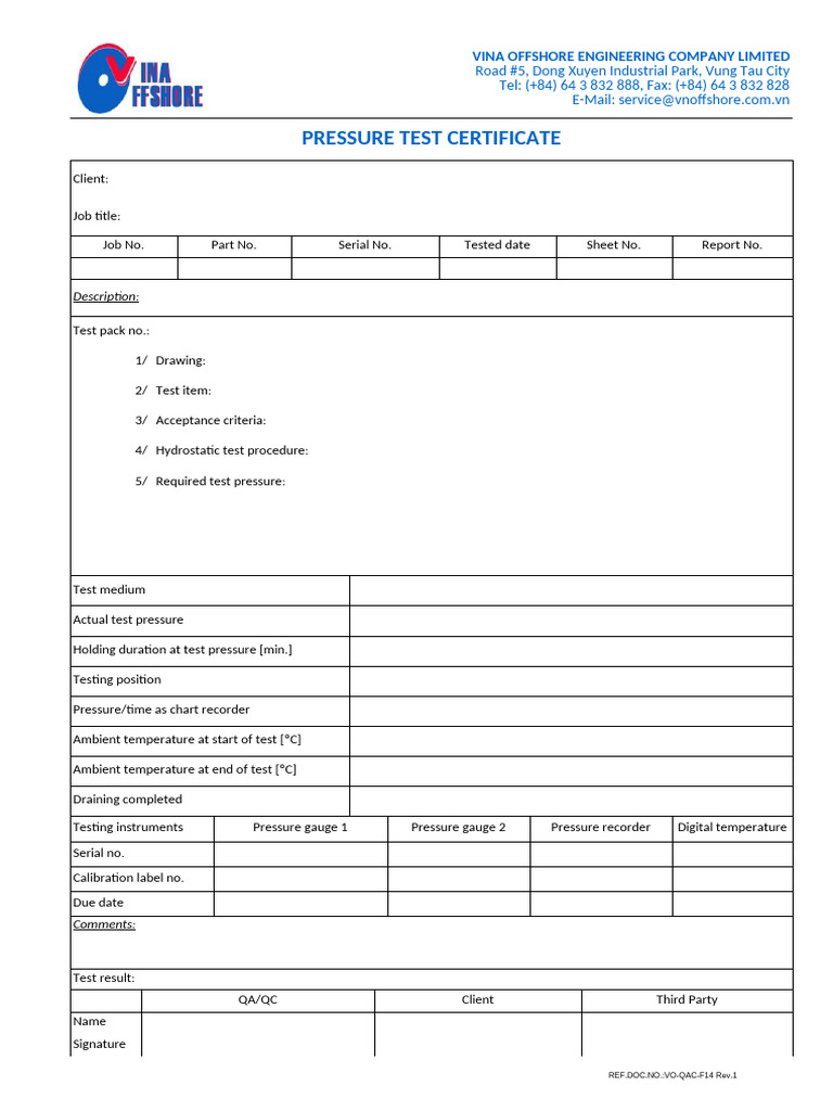 Hydrostatic Pressure Test Certificate | PDF
