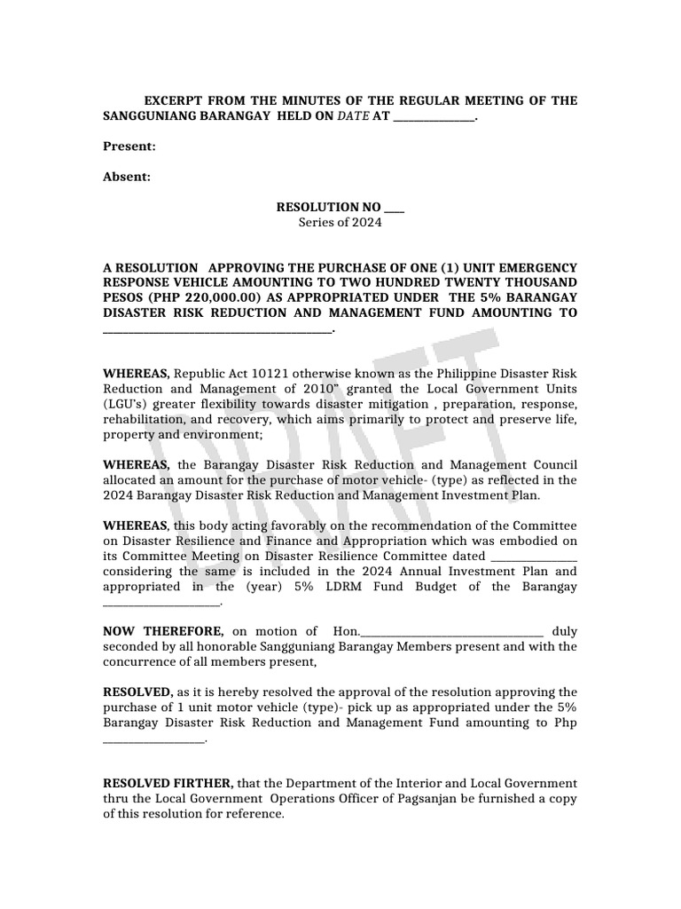 Barangay Resolution for Emergency Vehicle | PDF
