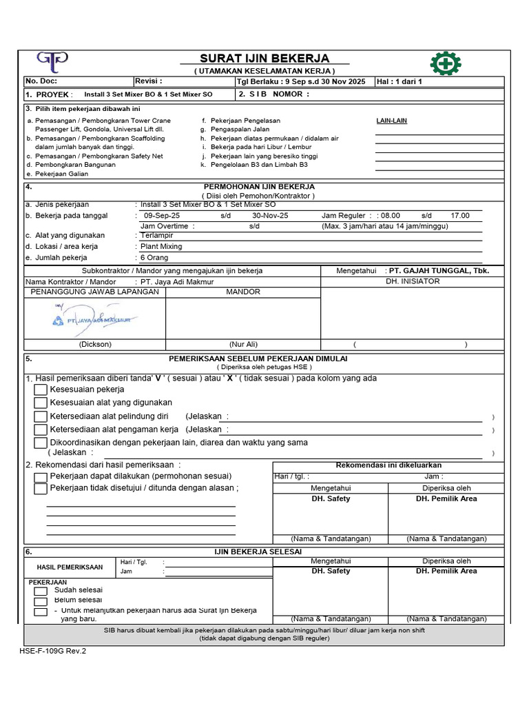 HSE-F-109G Form Surat Ijin Bekerja Rev.1 | PDF