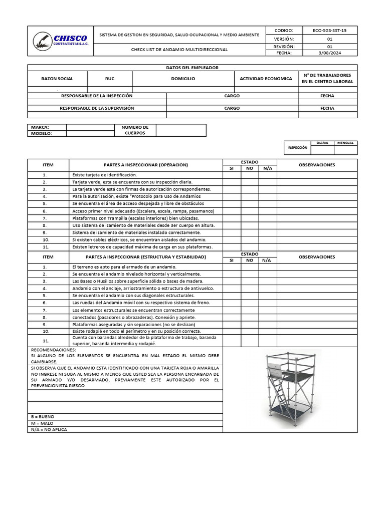 Checklist de Inspección de Andamios | PDF | Andamio