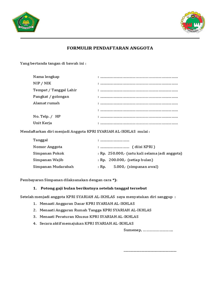 Formulir Pendaftaran Anggota KPRI Syariah | PDF