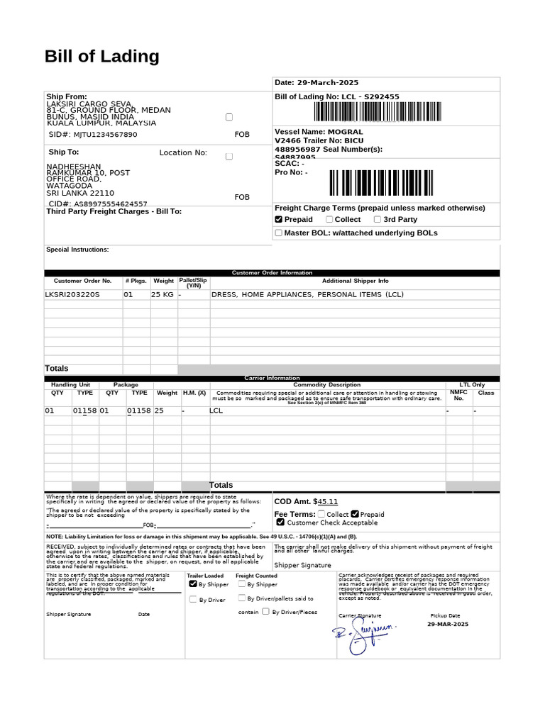 Bill of Lading for LCL Shipment | PDF | Cargo | Transport