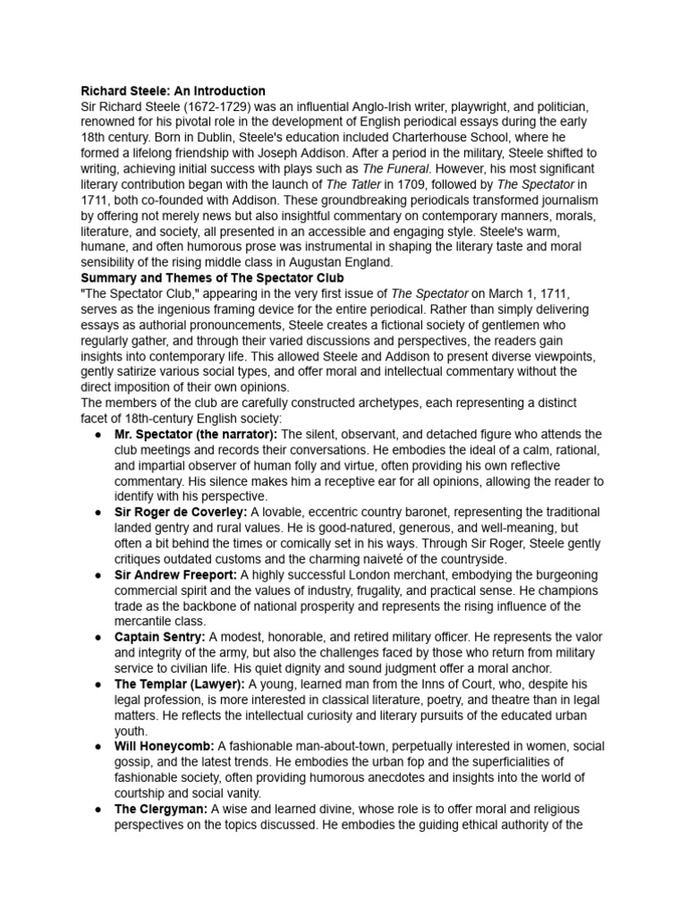 Richard Steele Introduction ... Summary Long and T.. | PDF | Essays | Virtue