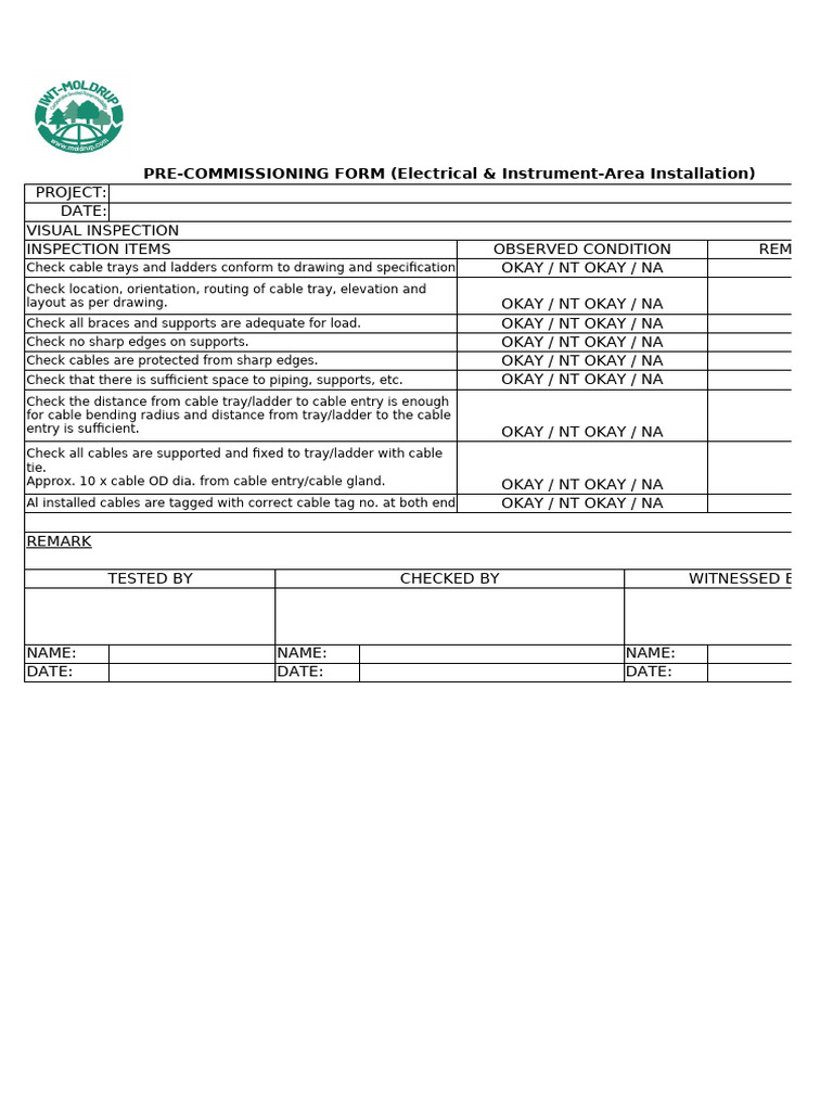 pre-commissioning form (Electrical-Area Installation)_1 | PDF