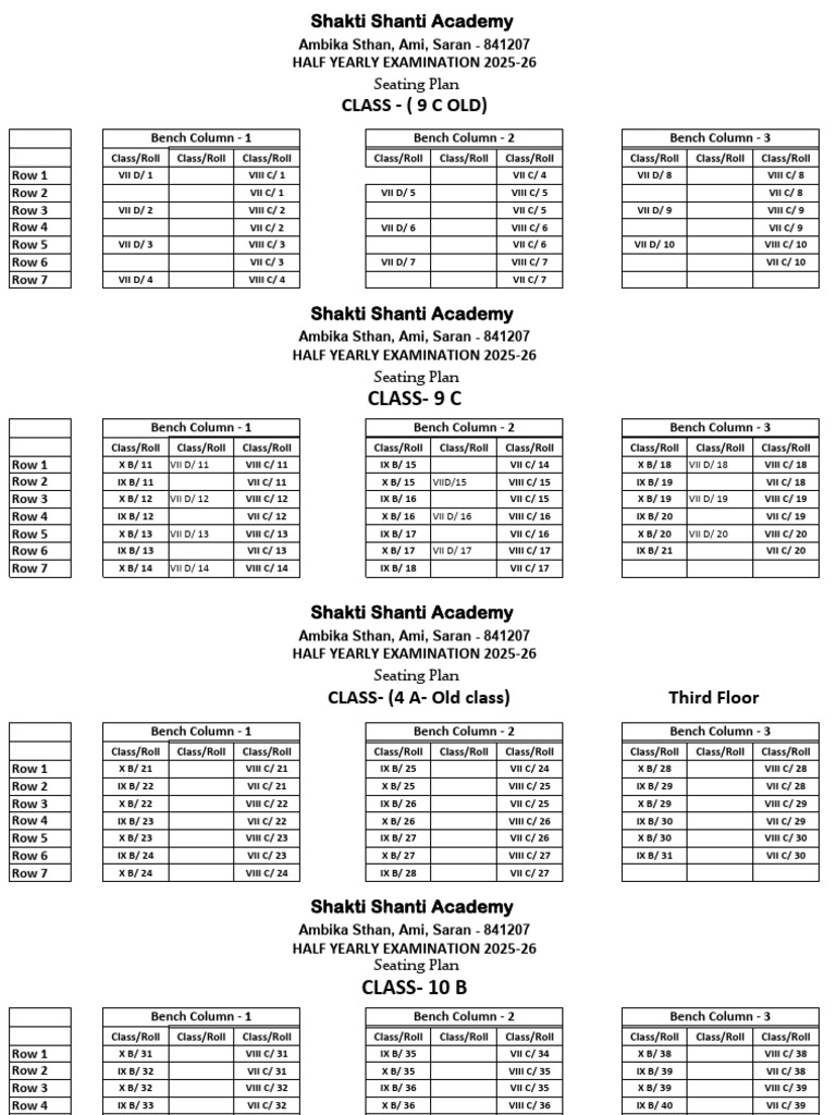Half-Yearly Exam Seating Plan 2025-26 | PDF