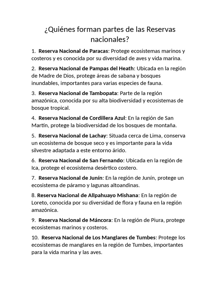 Reservas Nacionales de Perú: Biodiversidad y Ecosistemas | PDF