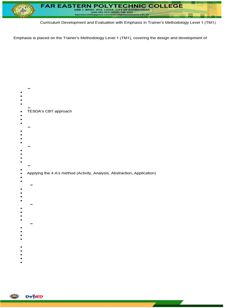 Curriculum Development and Evaluation With Emphasis in Trainers Methodology Level 1 TM1 | PDF ...