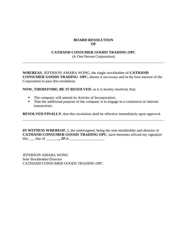Board Resolution Opc | PDF