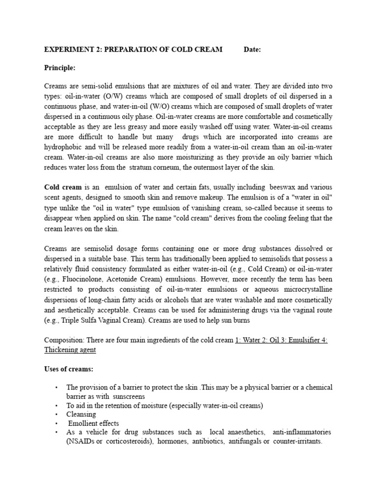 Principle of Cold Cream Preparation | PDF