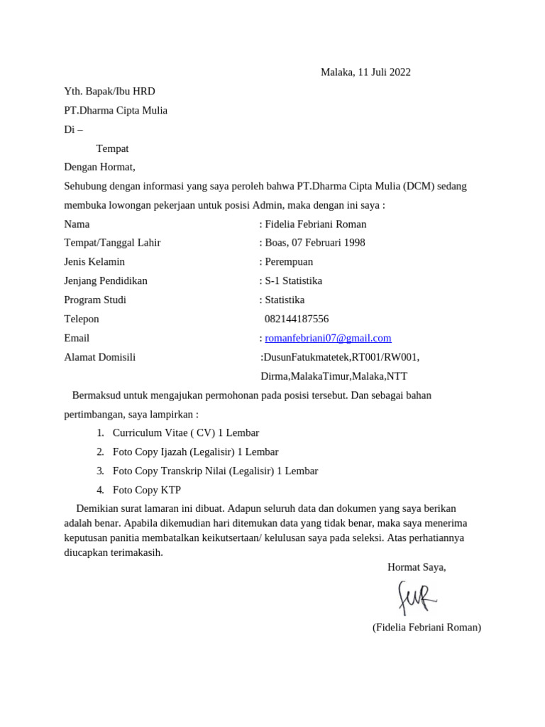 Surat Lamaran Admin | PDF