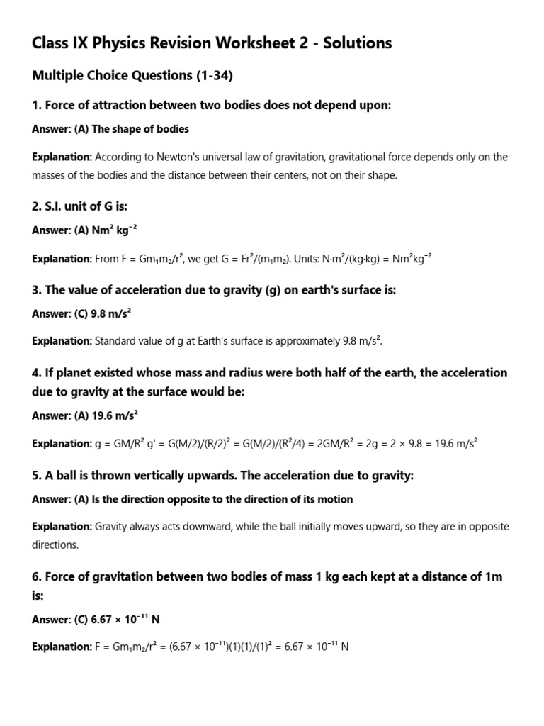 Class IX Physics Revision Worksheet 2 - Solutions | PDF | Weight | Force