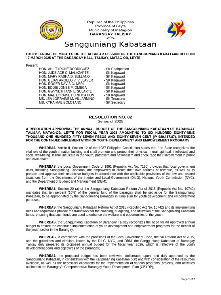 8 - RESOLUTION Approving The SK Annual Budget Updated | PDF | Government