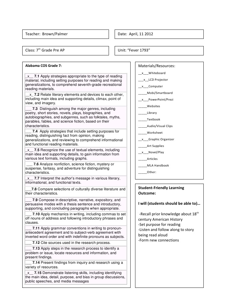Alabama COS Grade 7:: Student-Friendly Learning Outcome: I Will ...